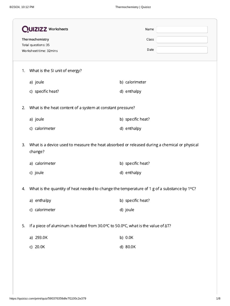 Thermochemistry - Quizizz | PDF