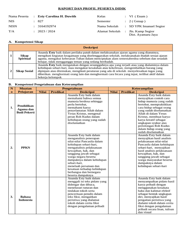 Raport Kelas 6 Sem 2 | PDF