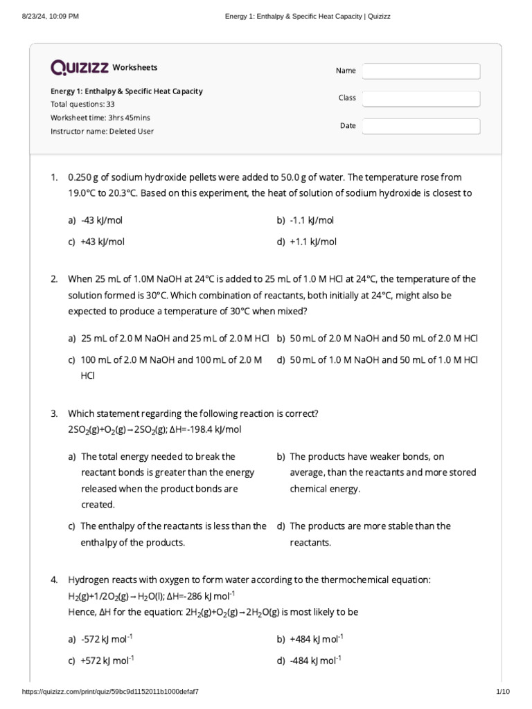Energy 1 - Enthalpy & Specific Heat Capacity - Quizizz | PDF