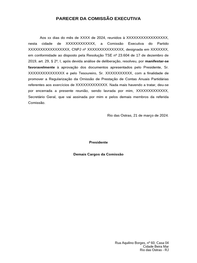 Parecer Comissão Executiva Modelo | PDF