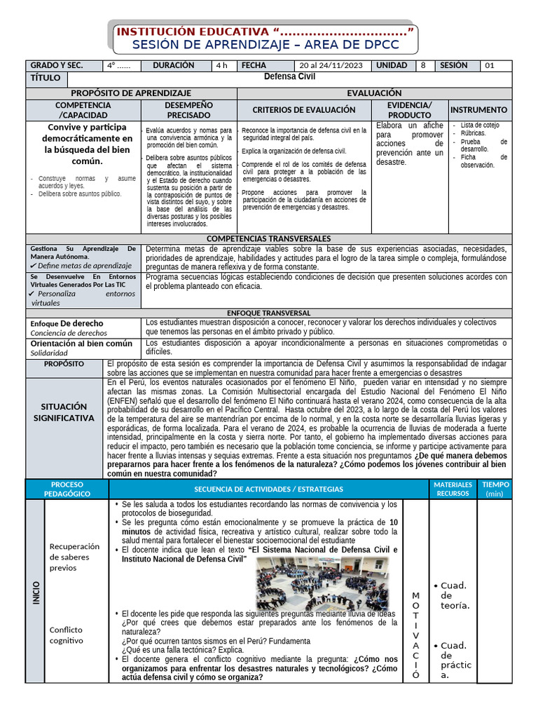 Unidad 8 - Sesión - Sem 1 - DPCC 4° | PDF