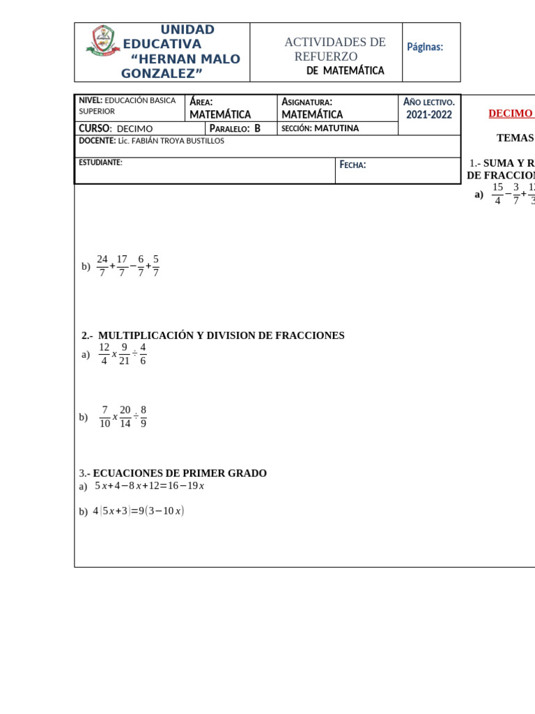 Actividades de Refuerzo de Matematicas de Decimo B | PDF