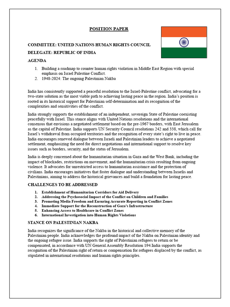 Position Paper - Delegate of India | PDF | State Of Palestine | World ...