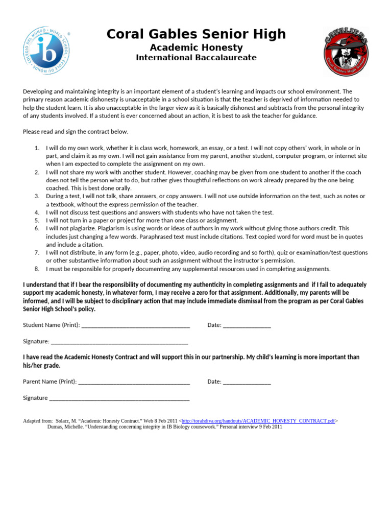 Academic Honesty-Student Contract | PDF