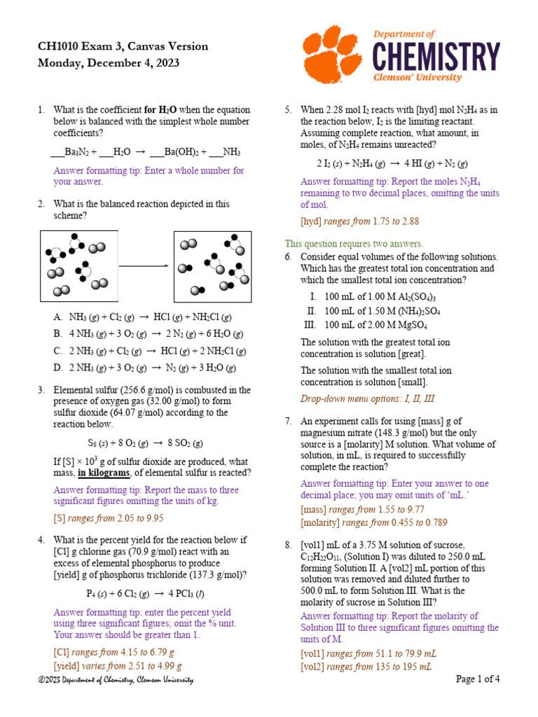 F23 - CH1010 Exam 3 | PDF