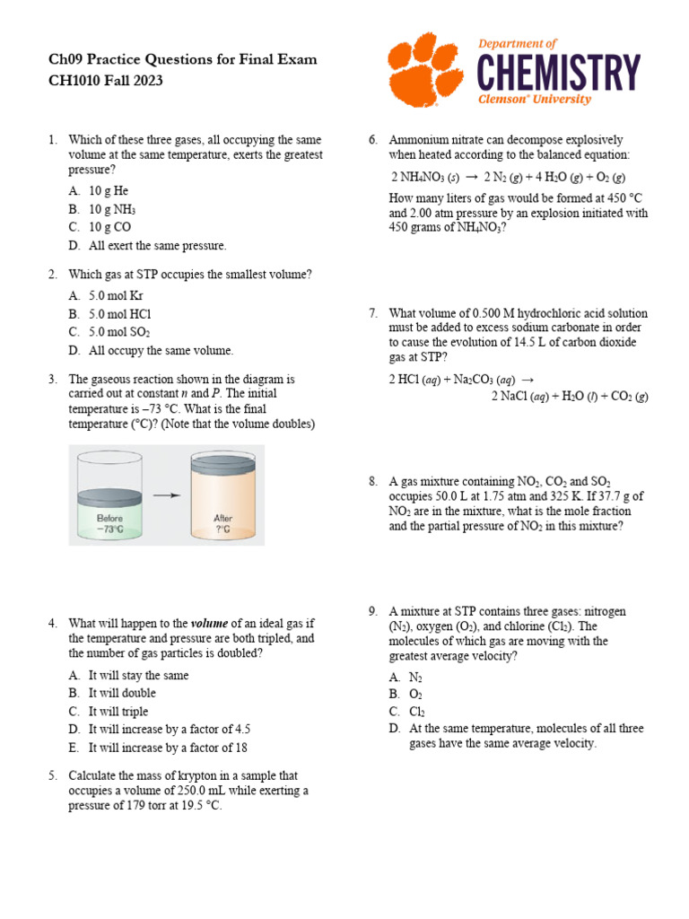 F23 - CH1010 Final Exam Practice Questions Ch9 | PDF | Gases | Physical Chemistry