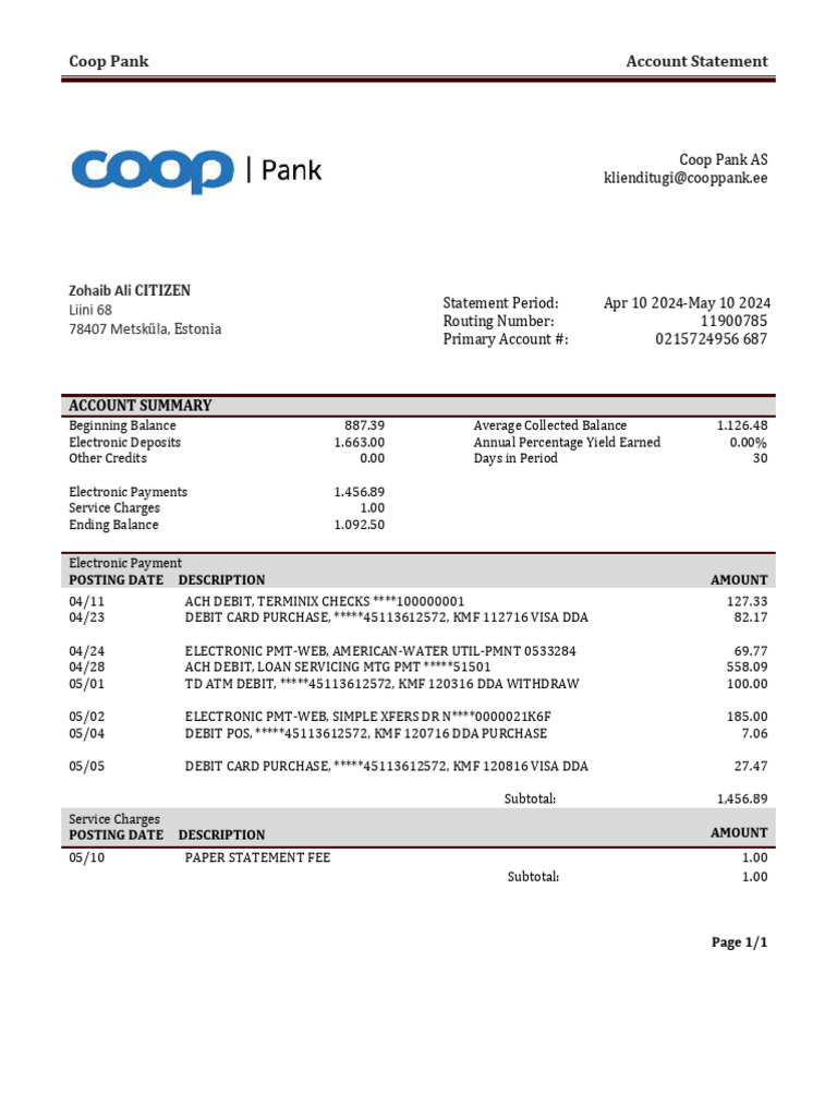 Estonia Coop Pank Bank Statement | PDF | Debit Card | Credit Card