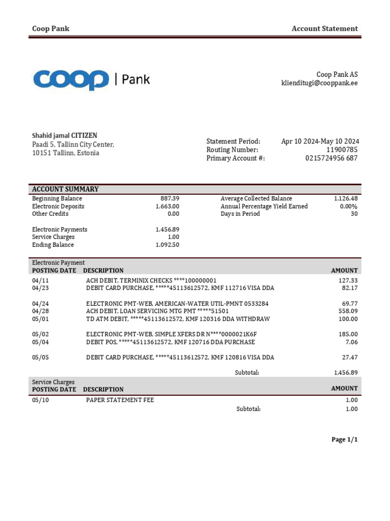 Estonia Coop Pank Bank Statement | PDF | Debit Card | Credit Card