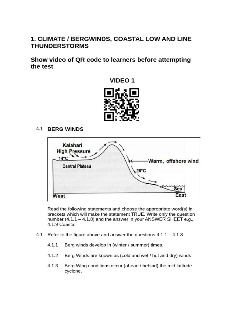 Revision Test For GR12 Berg Winds and Line Thunderstorms | PDF