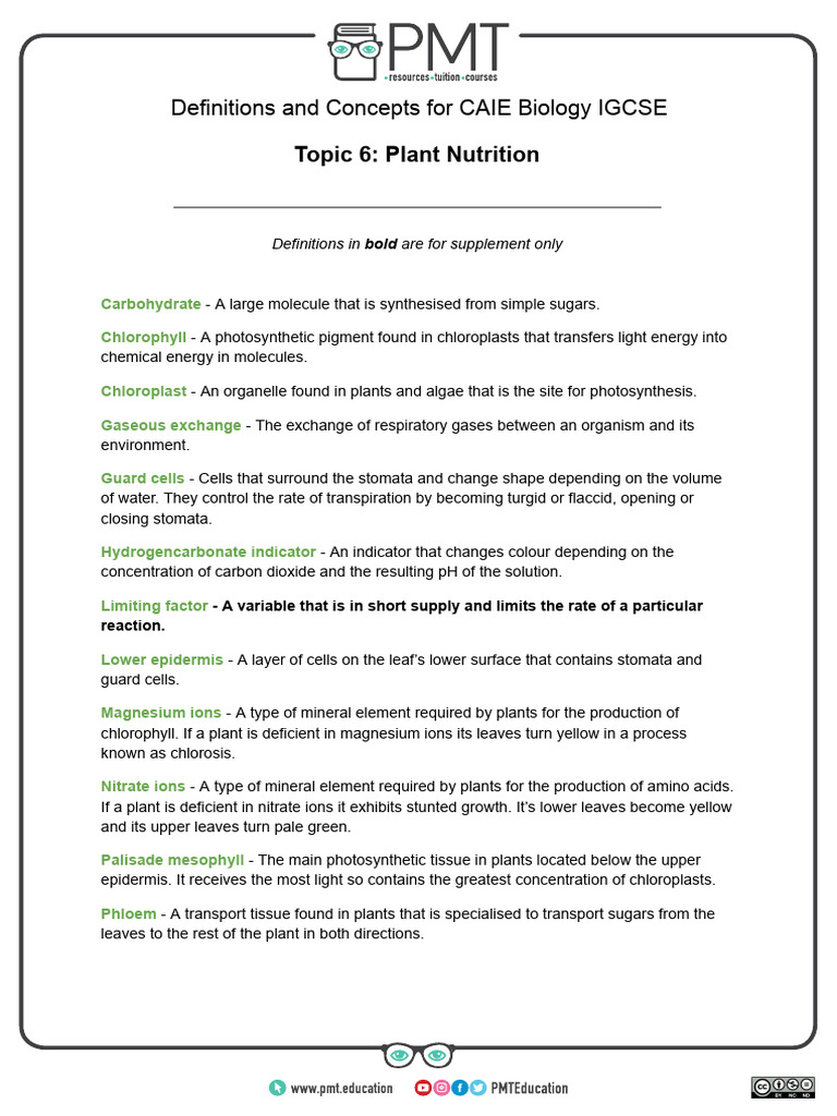 Definitions - Topic 6 Plant Nutrition - CAIE Biology IGCSE | PDF