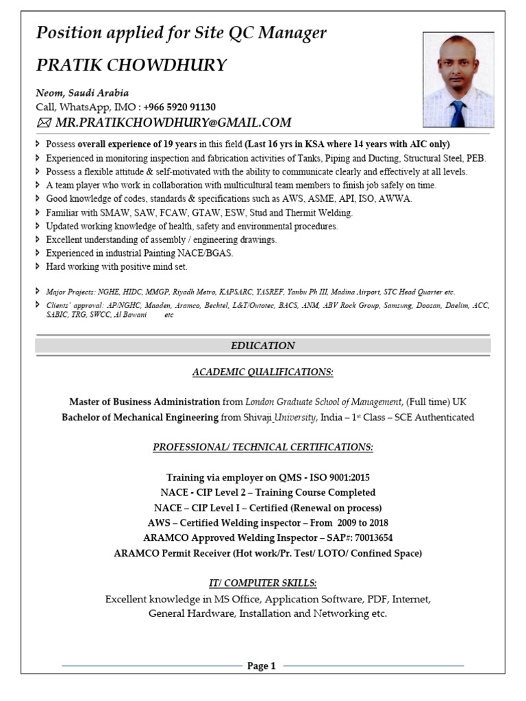 CV of Pratik Chowdhury Applied For QC Manager-1 | PDF