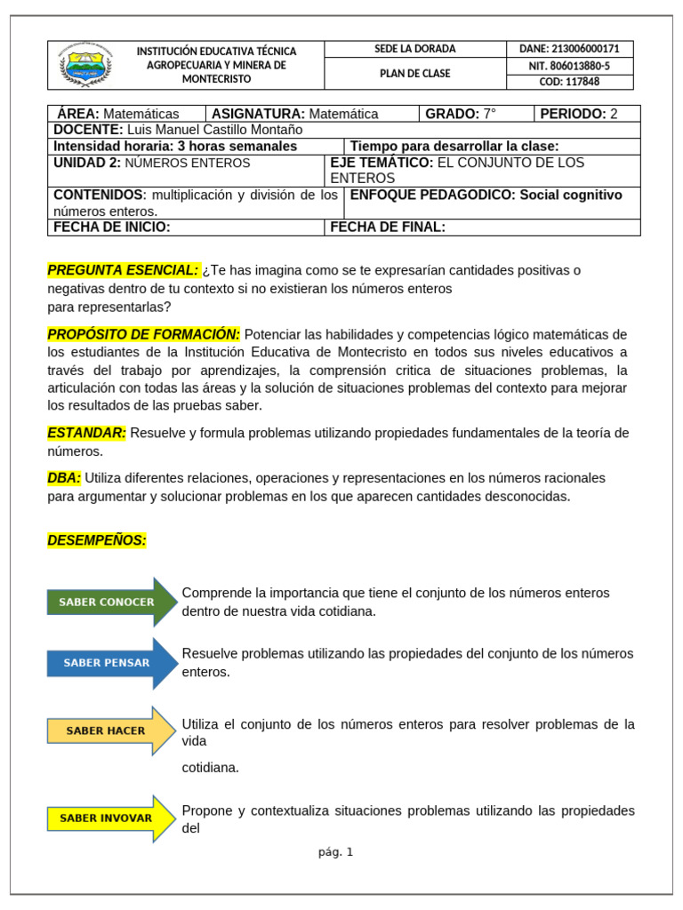 Guia De 7 Matematica 2p Numeros Enteros Multiplicacion Y Divición
