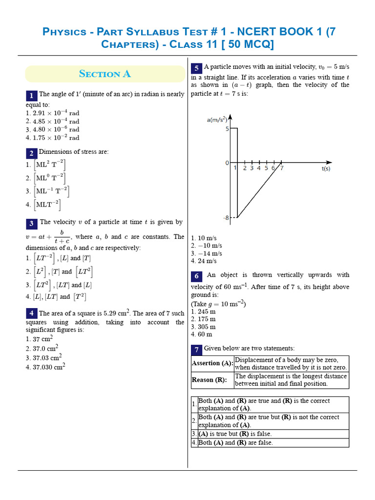 Physics Part Syllabus Test # 1 NCERT BOOK 1 7 Chapters Class 11 | PDF ...