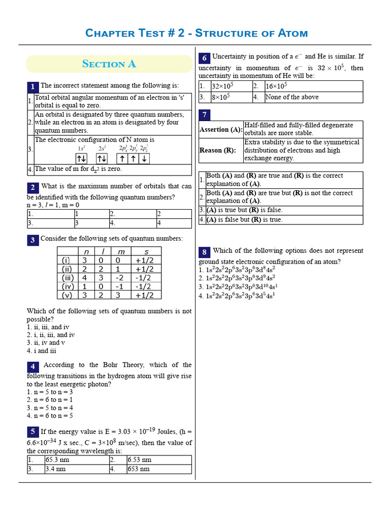 Chapter Test # 2 - Structure of Atom | PDF | Atomic Orbital | Chemical ...