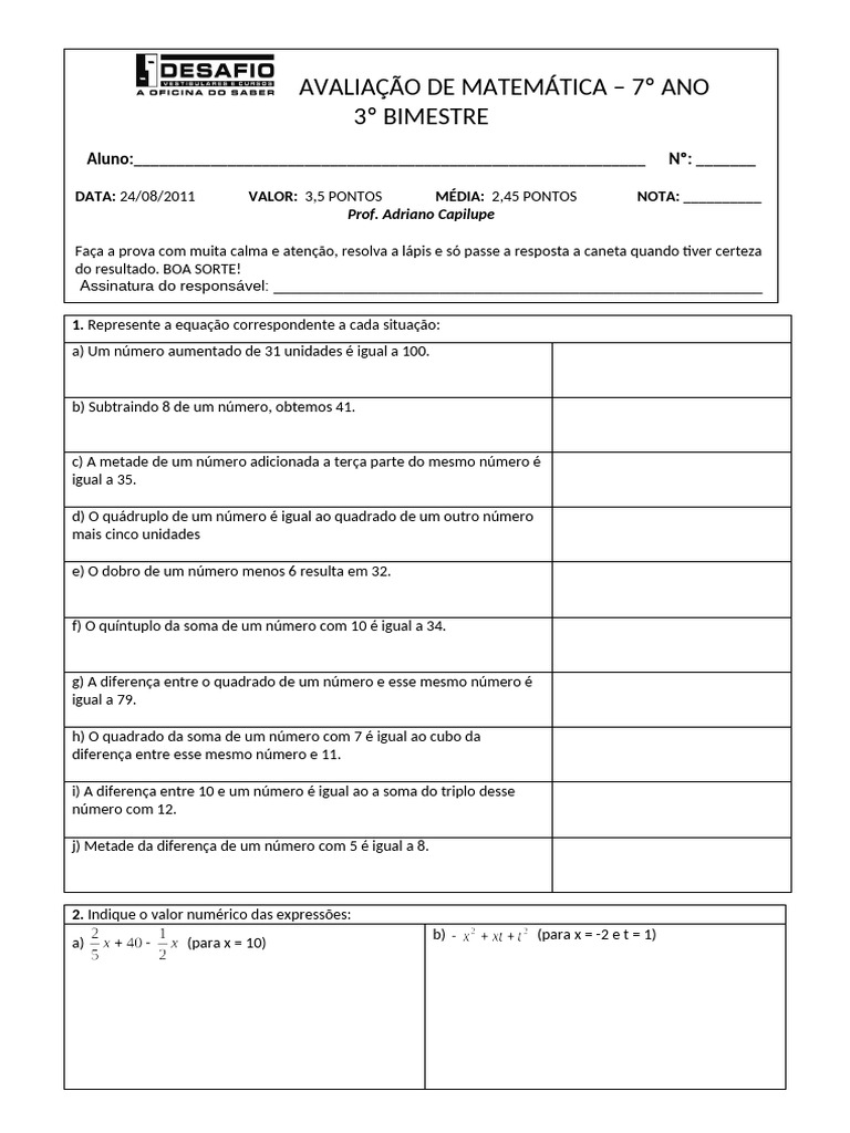 Prova3bim 7ano 110916083901 Phpapp02 | PDF