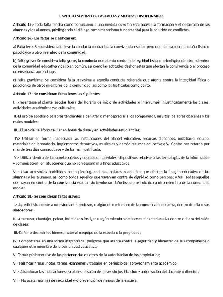 CAPITULO SÉPTIMO DE LAS FALTAS Y MEDIDAS DISCIPLINARIAS | PDF