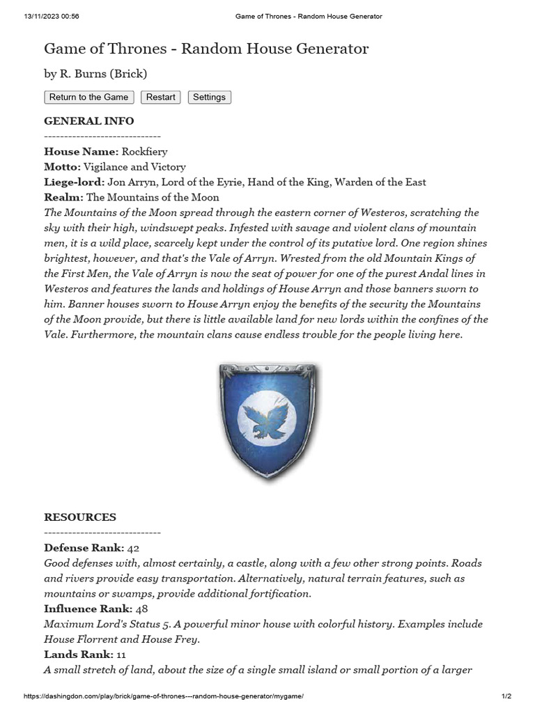 Game of Thrones - Random House Generator - Rockfiery | PDF