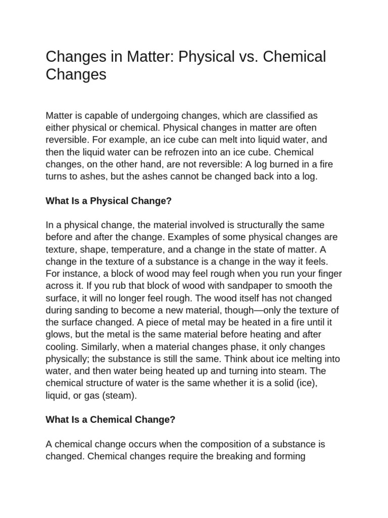Physical vs. Chemical Changes in Matter | PDF | Chemistry | Foreign ...