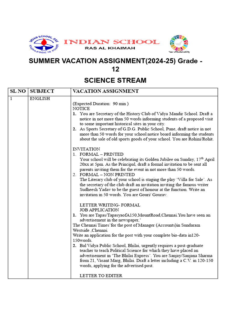 Vacation Assignment Science Stream Grade-12 (2024-25) | PDF