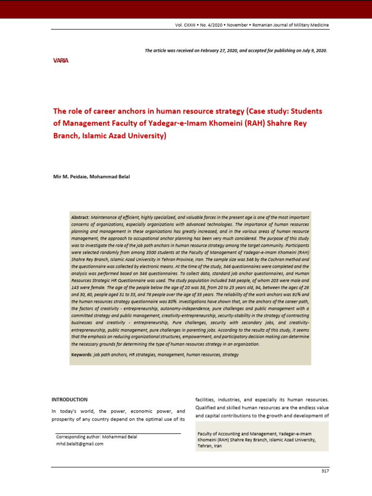 The Role of Career Anchors in Human Resource Strategy Shahre Rey Branch ...