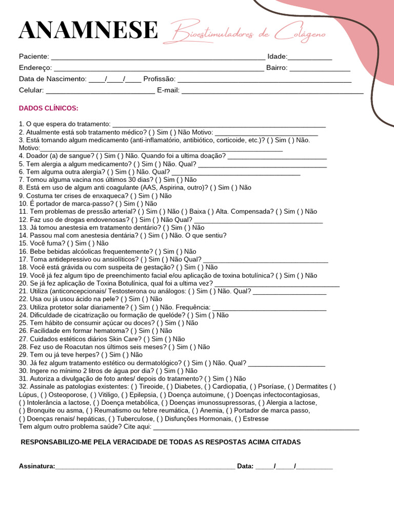 Ficha de anamnese para Bioestimuladores de Colágeno Facial e Corporal | PDF