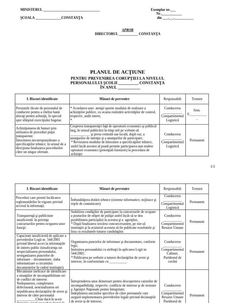PLAN ANTICORUPTIE Scoala | PDF