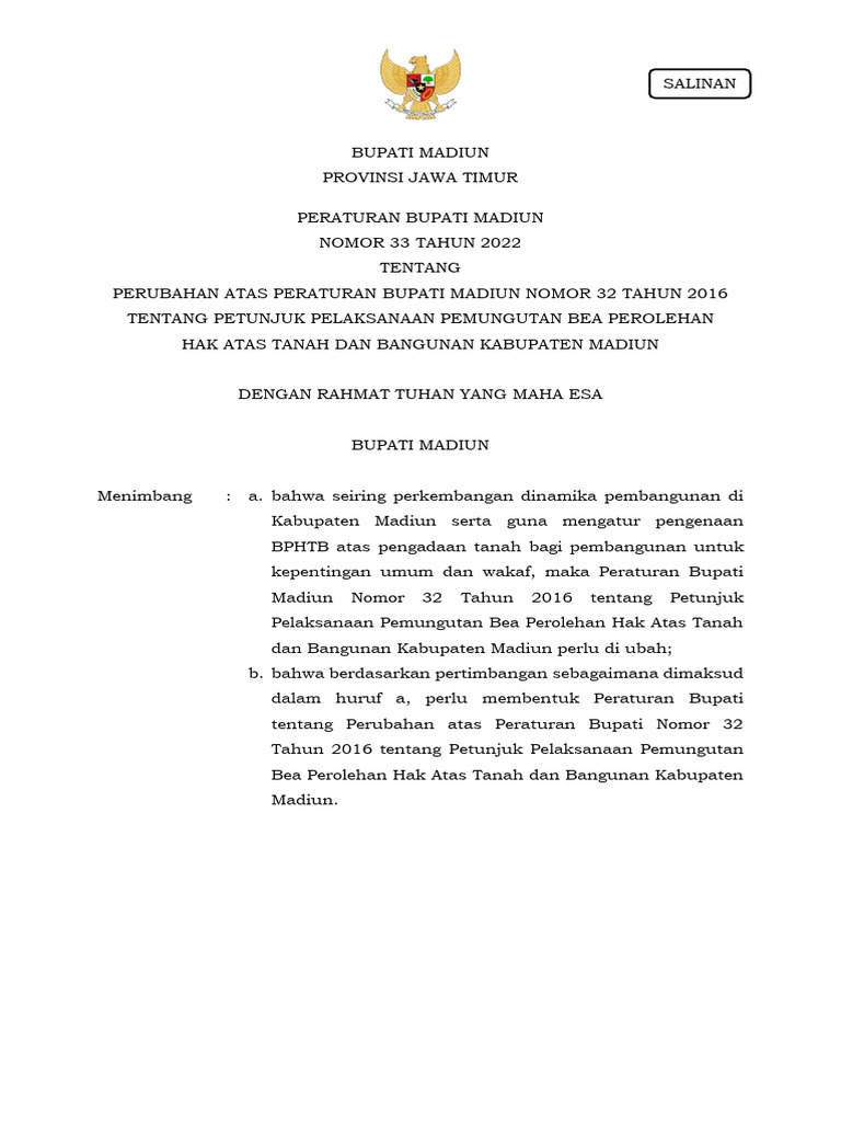 Perbup 33 2022 Perubahan Perbup 32 2016 TTG BPHTB S Bapenda Sign | PDF