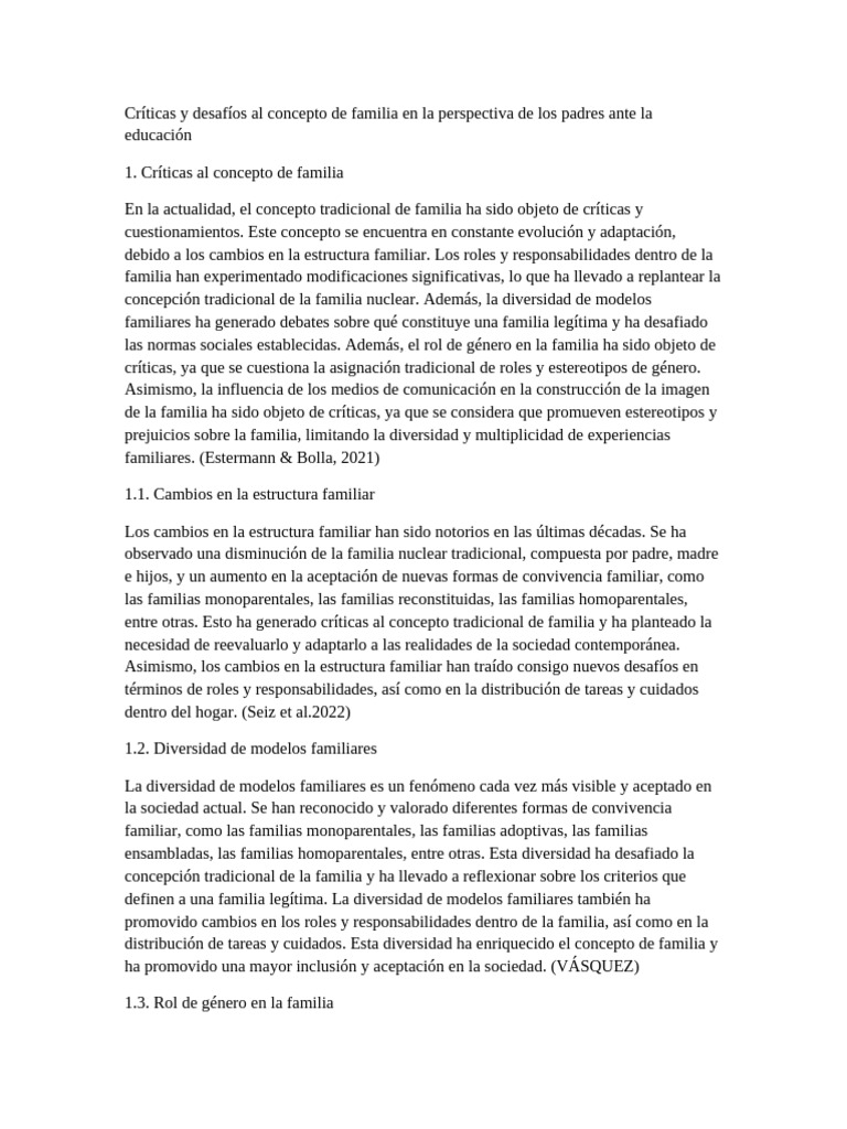 Críticas y Desafíos Al Concepto de Familia en La Perspectiva de Los ...