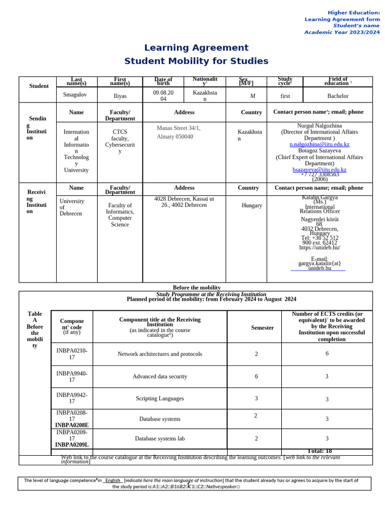 Learning Agreement Iitu | PDF