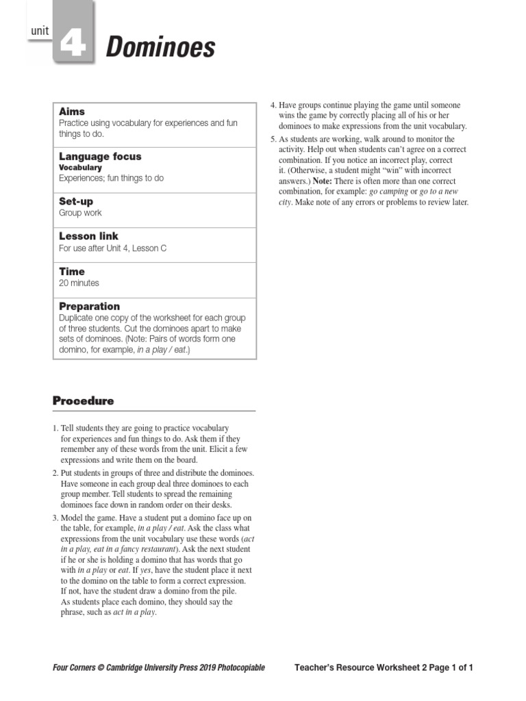 Four Corners Level 3 Unit 4 Dominoes Worksheet 2 | PDF