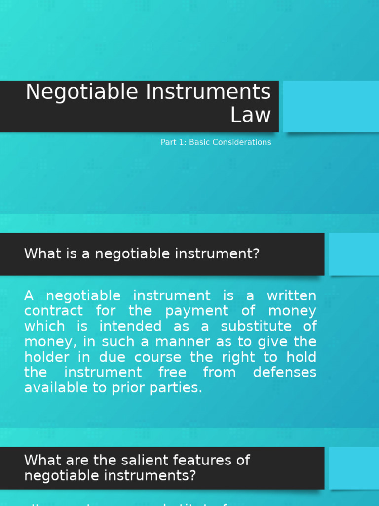 Negotiable Instruments Law Part 1 | PDF