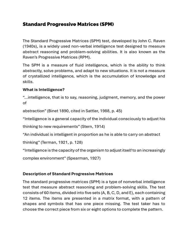 Standard Progressive Matrices Overview | PDF | Intelligence ...