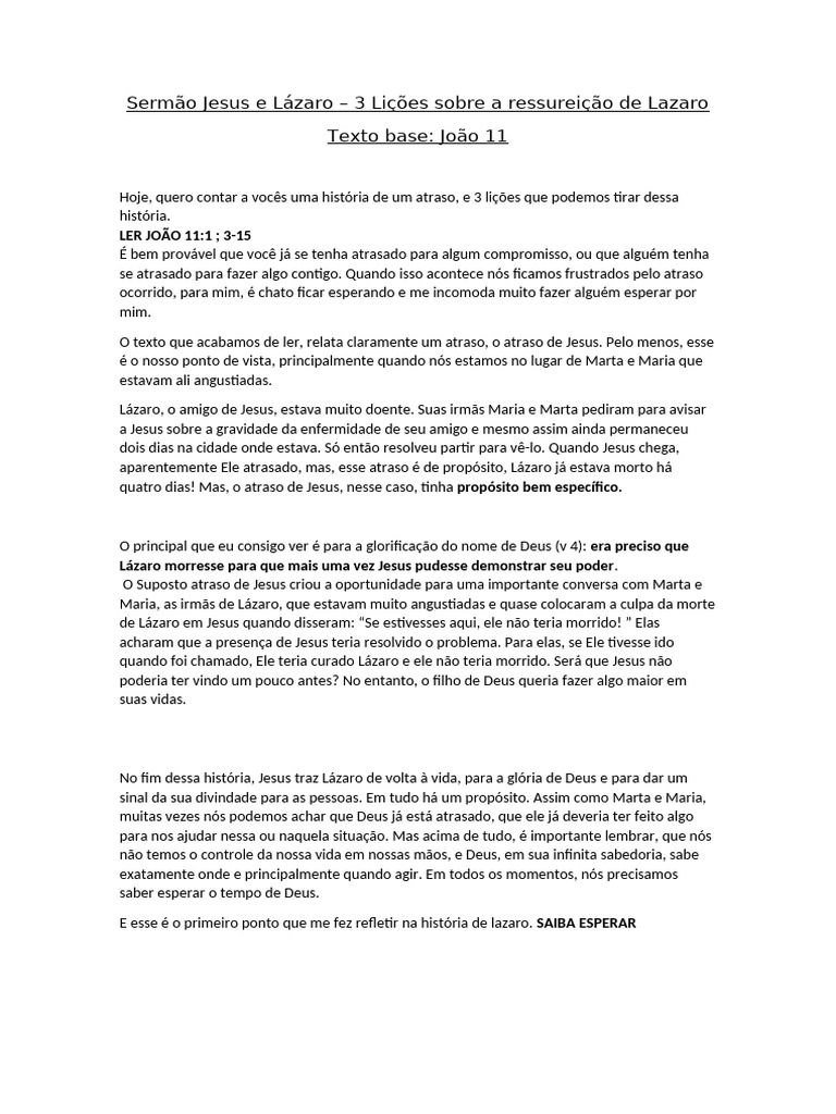 Sermão Jesus e Lázaro | PDF