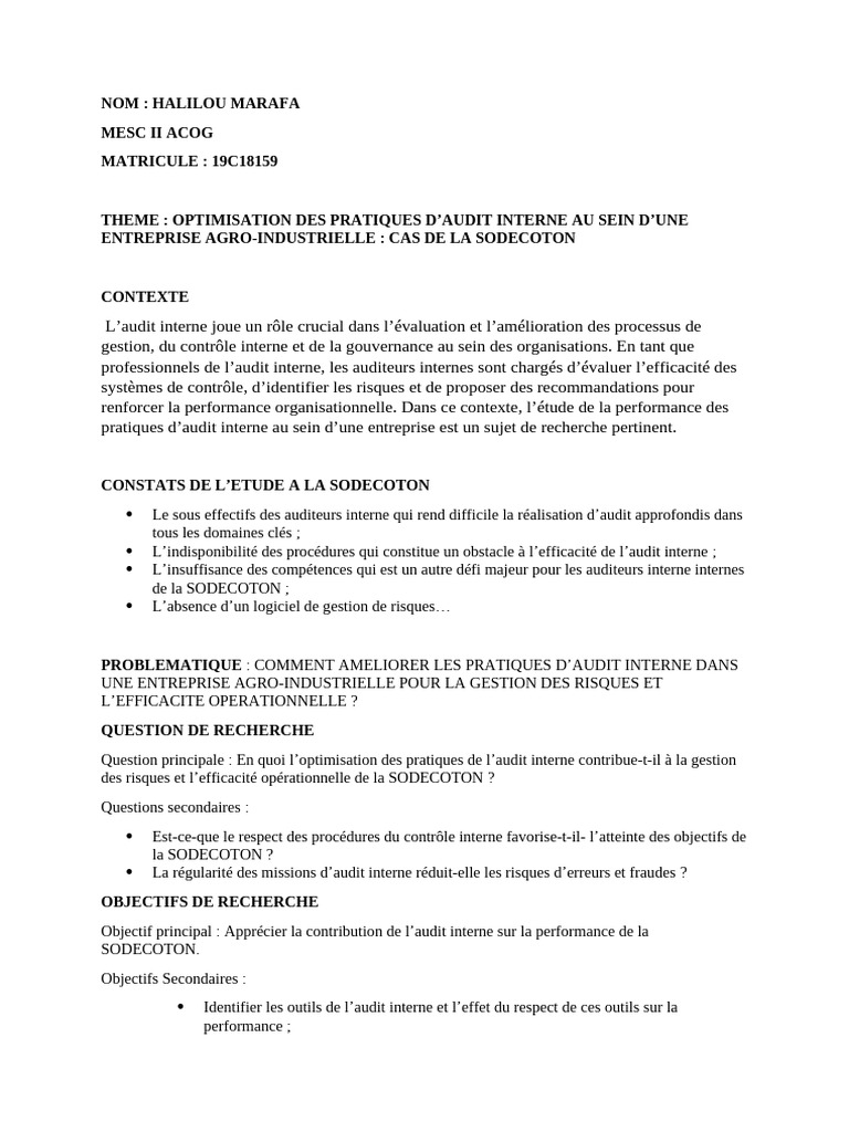 Projet de Memoire Halilou Marafa | PDF