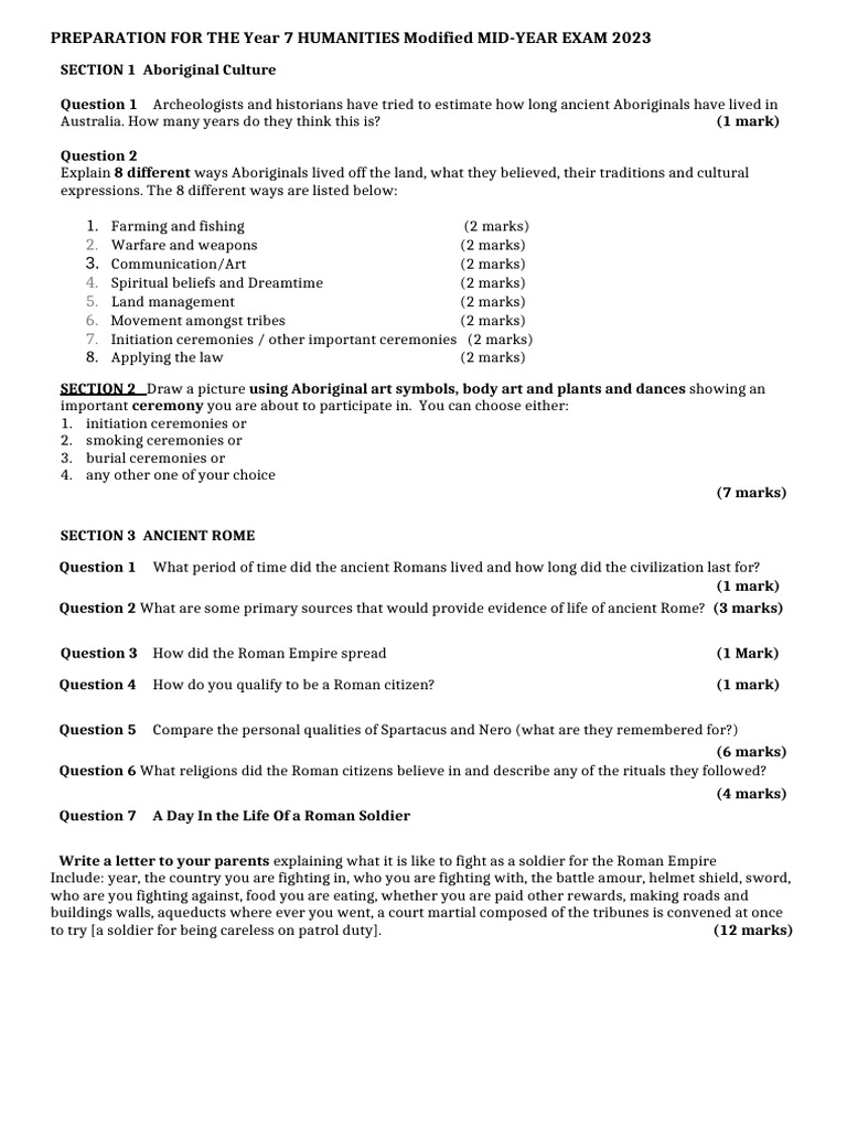 2023 Year 7 MID YEAR EXAM Revision Questions | PDF