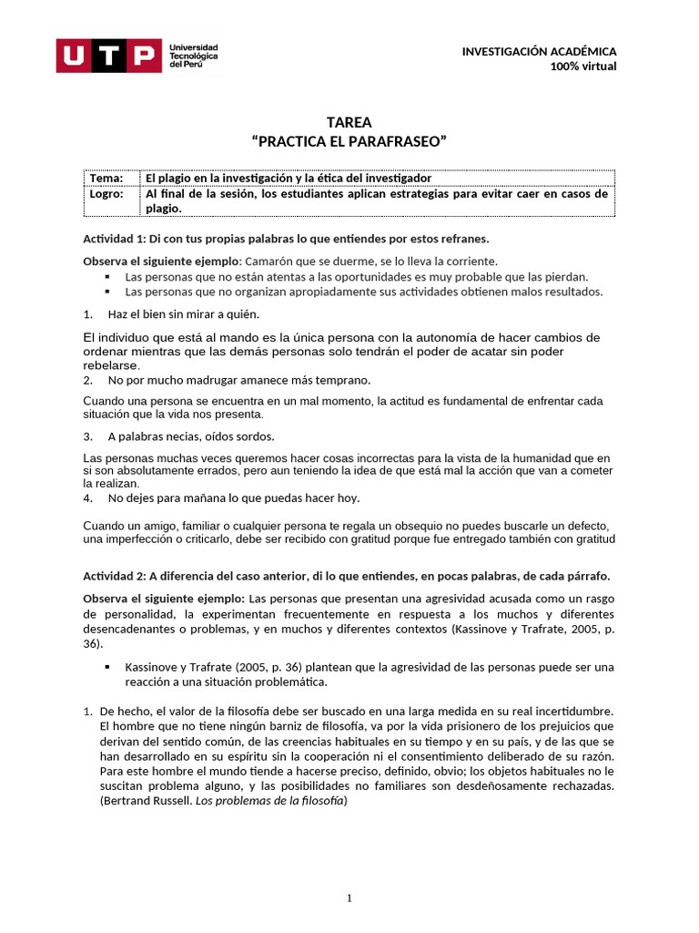 Tarea "Practica El Parafraseo": Investigación Académica 100% Virtual | PDF