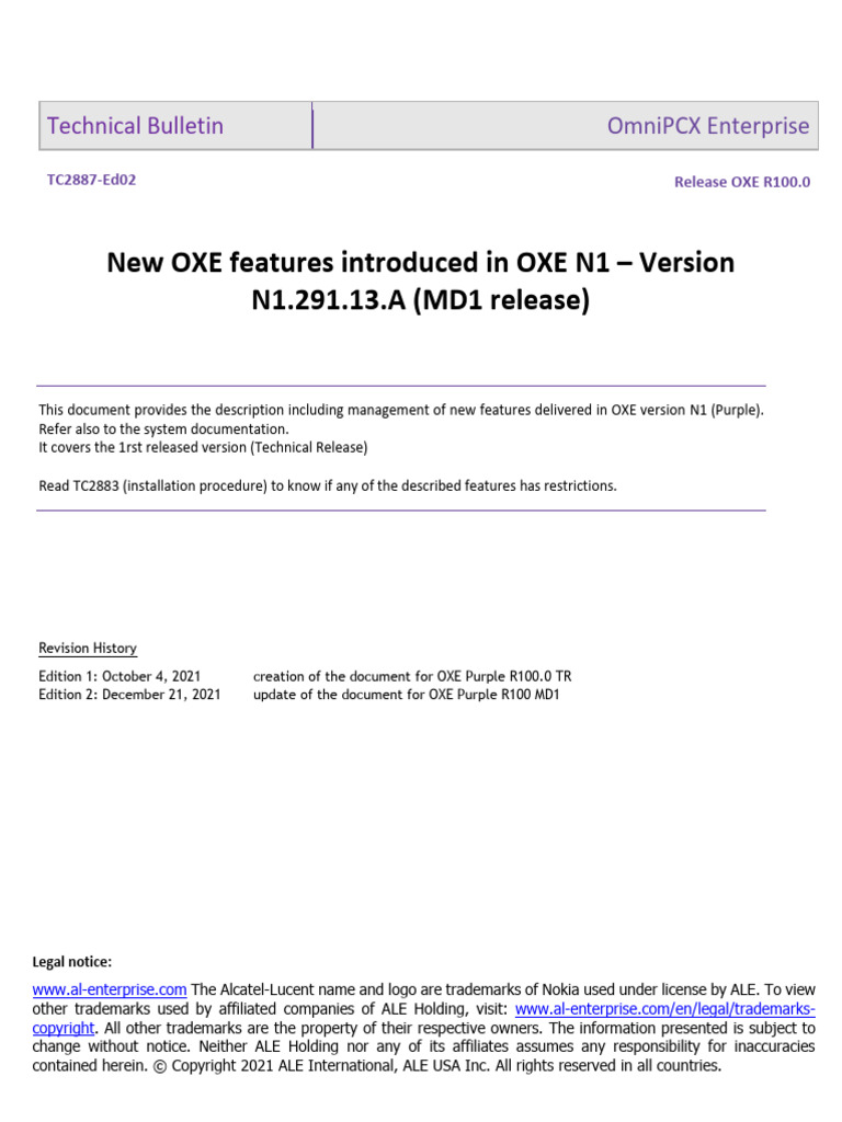TC2887en-ed02 New OXE Features in Release N1 | PDF