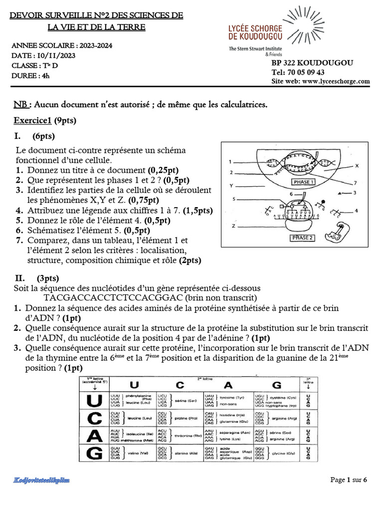 DEVOIR SURVEILLE N°2 & CORRIGE DES SVT Tle D | PDF
