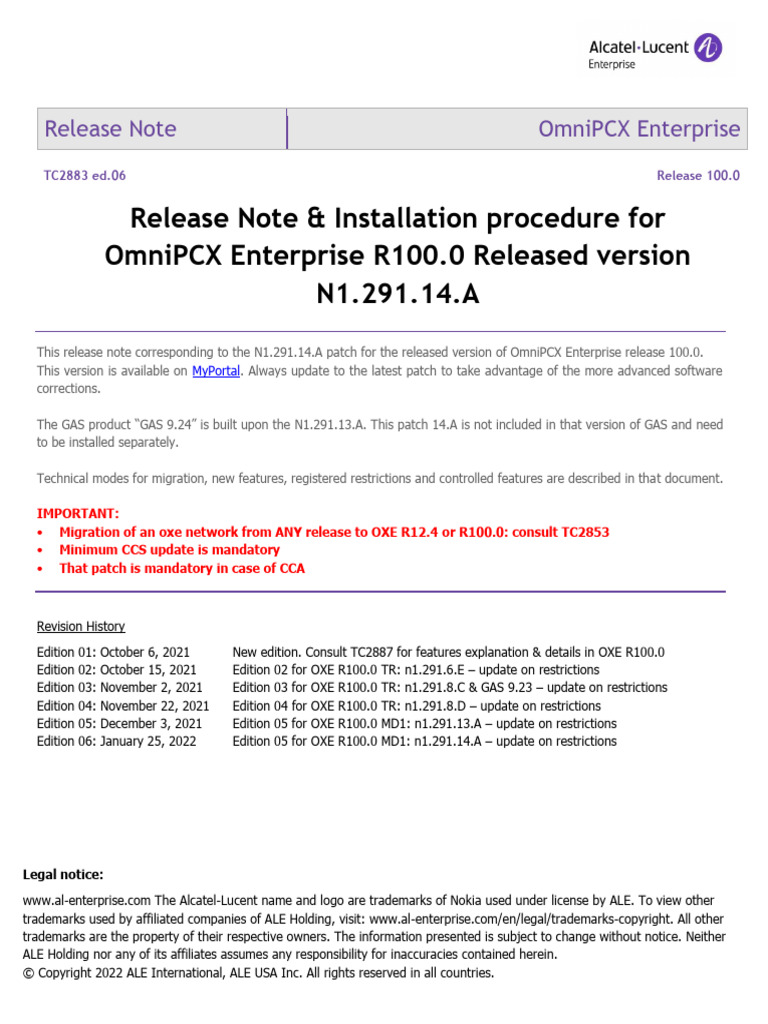 TC2883en-Ed06 Release Note and Installation Procedure OmniPCX ...