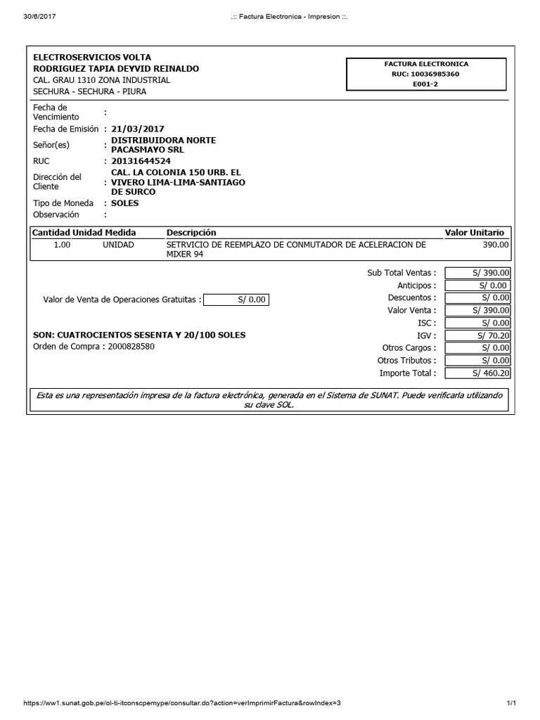Factura Electronica RUC: 10036985360 E001-2 | PDF