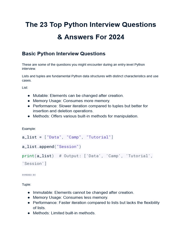 The 23 Top Python Interview Questions & Answers For 2024 | PDF | Anonymous Function | Computers