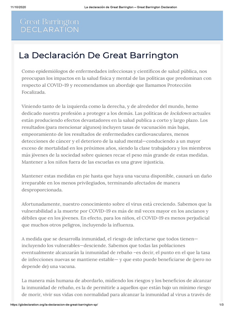 La declaración de Great Barrington – Great Barrington Declaration | PDF
