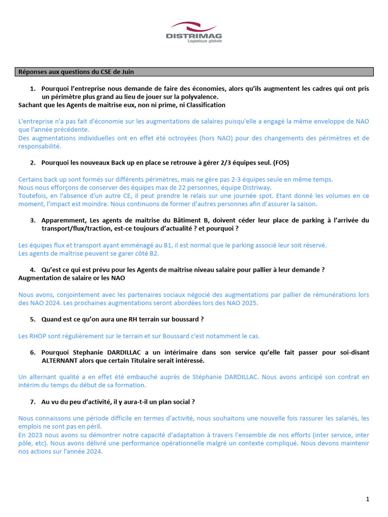 2024-07-19 Réponses Aux Questions - CSE | PDF