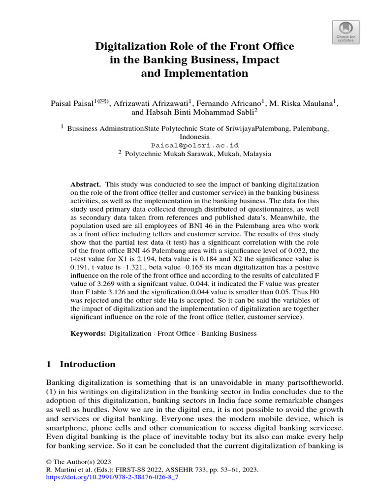 Digitalization Role of The Front Office in The Banking Business, Impact and Implementation | PDF