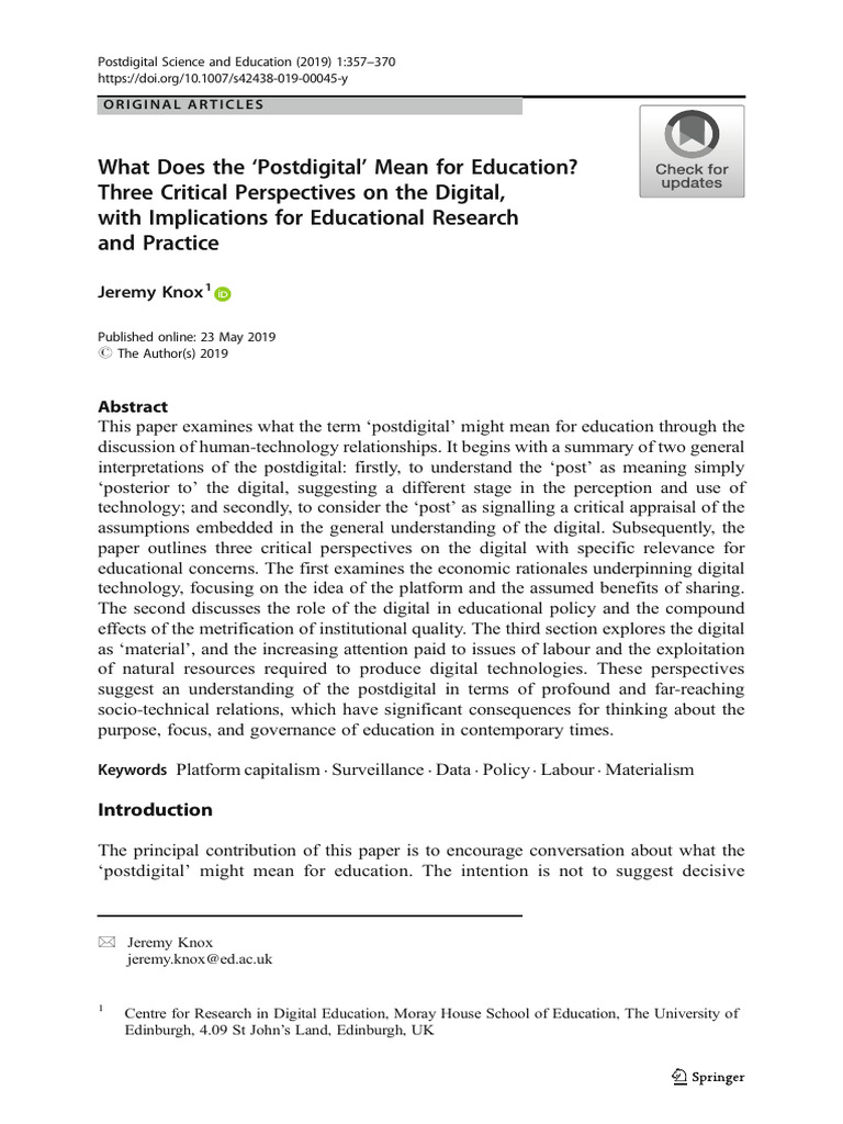 What Does The Postdigital' Mean For Education Three Critical Perspectives On The Digital, With ...