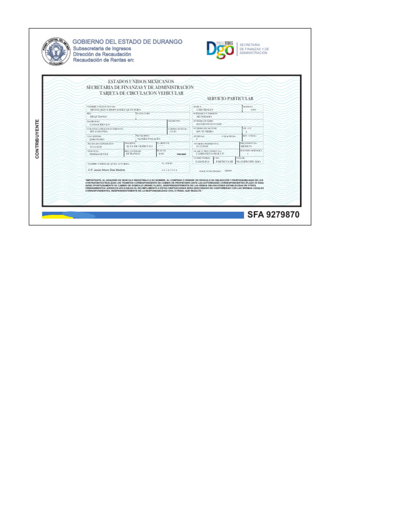 Tarjeta De Circulacion Durango | PDF