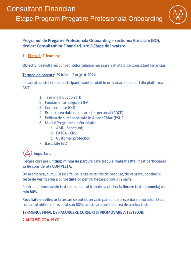 Etape Program Pregatire Profesionala Onboarding CF - 5-9 August 2024 | PDF