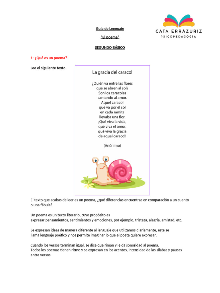 Guia Que Es El Poema Segundo Basico 23 de Agosto | PDF