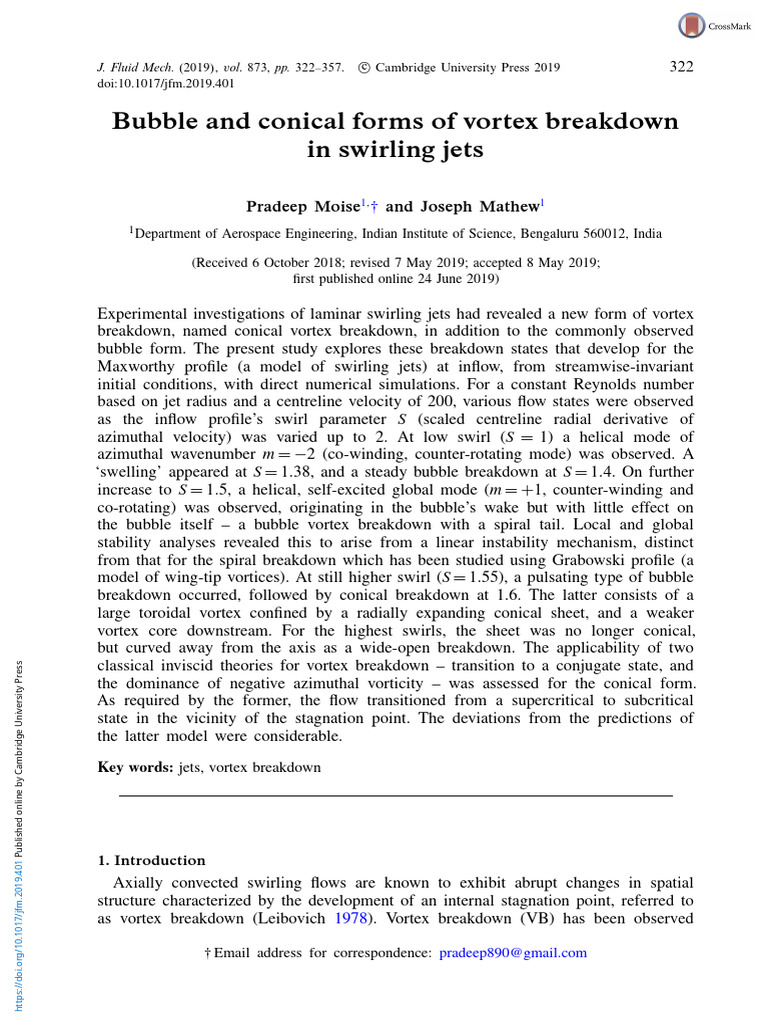 Bubble and Conical Forms of Vortex Breakdown in Swirling Jets | PDF