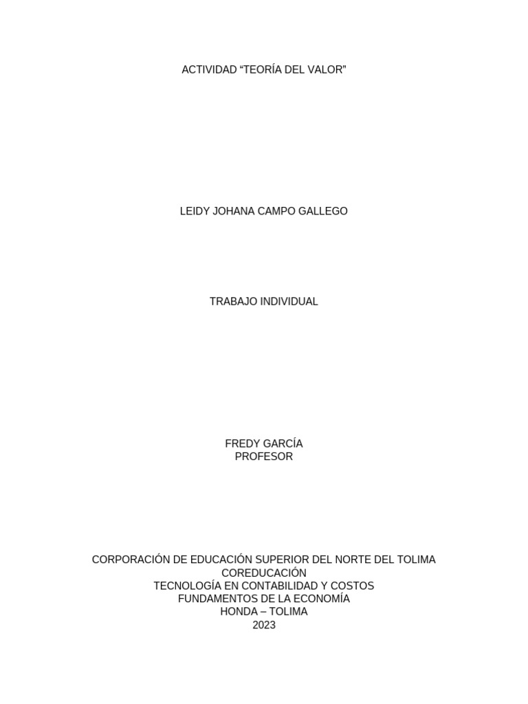 Actividad Teoría Del Valor - Leidy Johana Campo | PDF Actividad Teoría Del Valor - Leidy Johana Campo | PDF